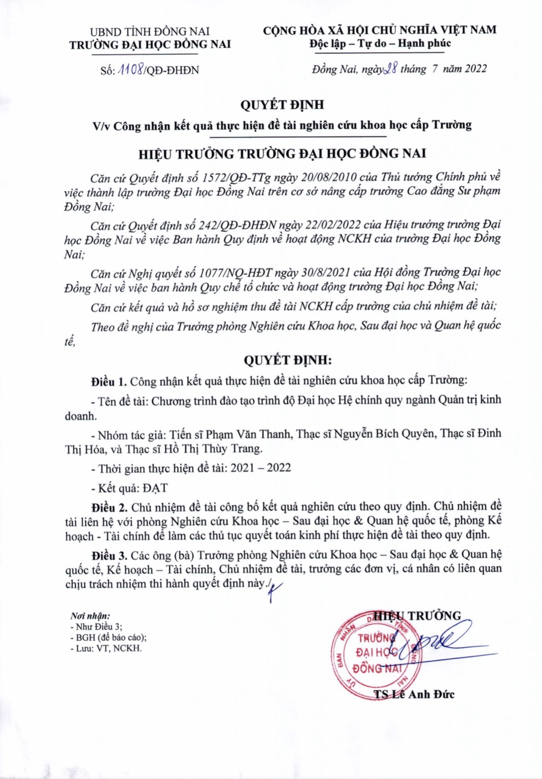 QUYẾT ĐỊNH CÔNG NHẬN KẾT QUẢ THỰC HIỆN ĐỀ TÀI NCKH CẤP TRƯỜNG NGÀNH QTKD